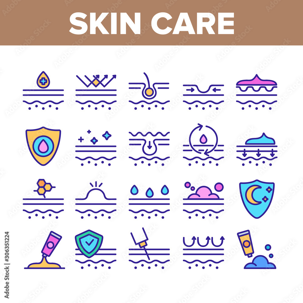Skin Care Collection Elements Icons Set Vector Thin Line. Collagen And ...