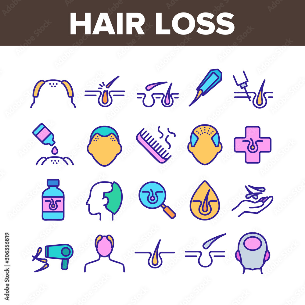 Hair Loss Collection Elements Icons Set Vector Thin Line. Hair Loss And ...