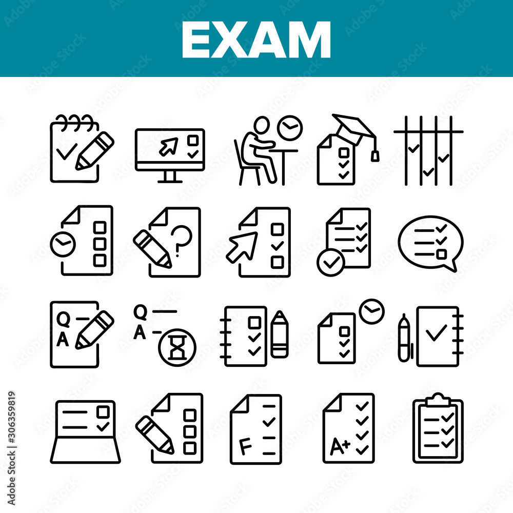 Exam Test Collection Elements Icons Set Vector Thin Line. Examination ...
