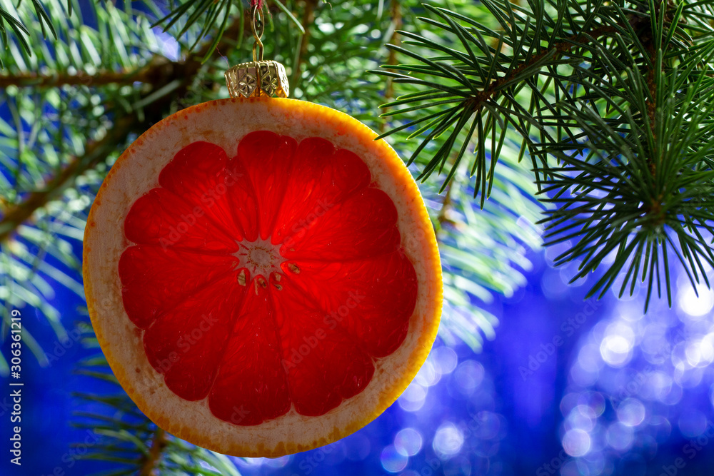 Christmas tree decorated with grapefruit. Healthy food and nutrition ...