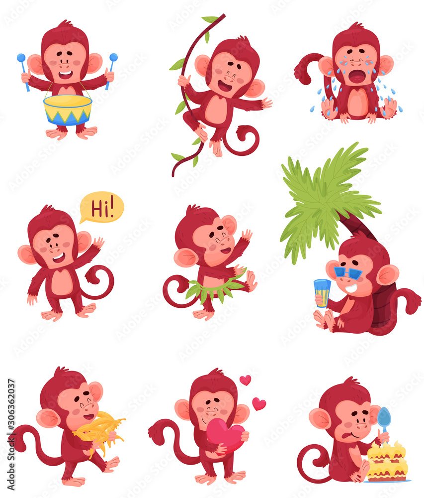 Nine Funny Red Monkeys In Different Actions And Expressions Vector ...