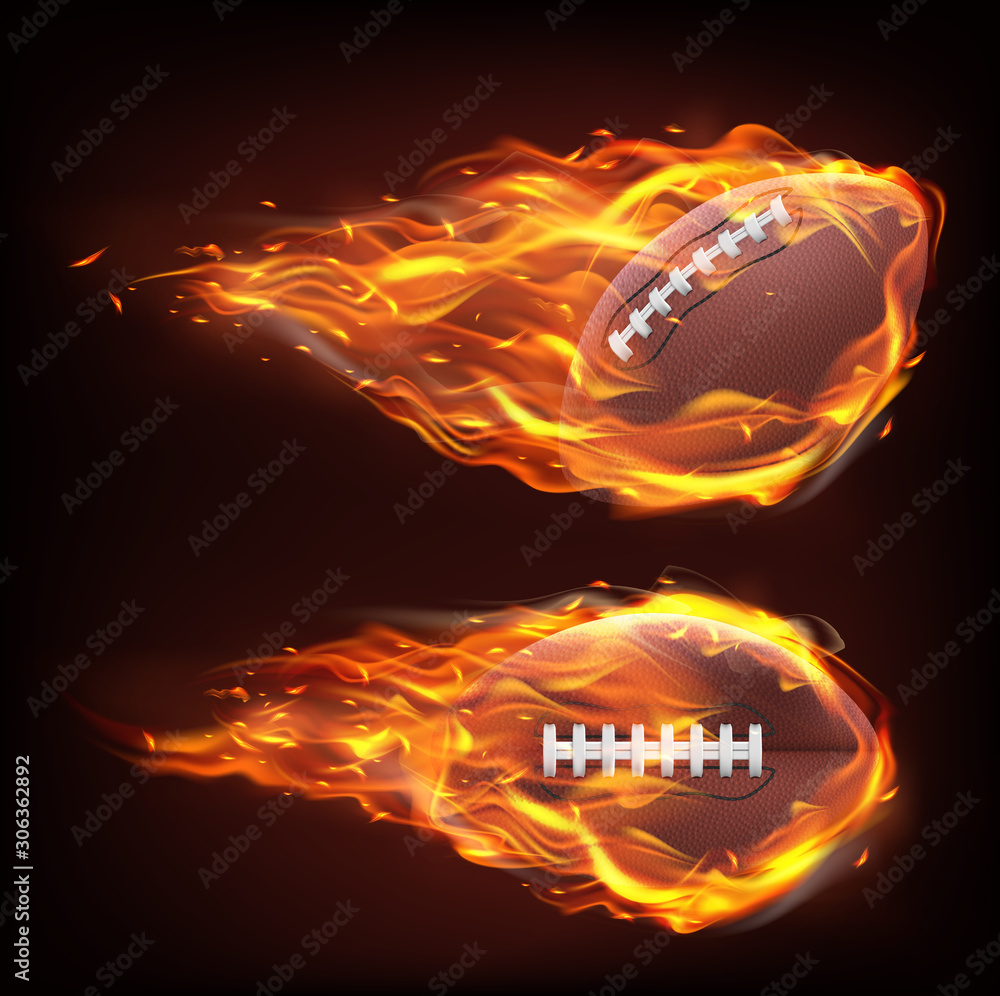 Flying rugby ball in fire isolated on black background. Vector ...