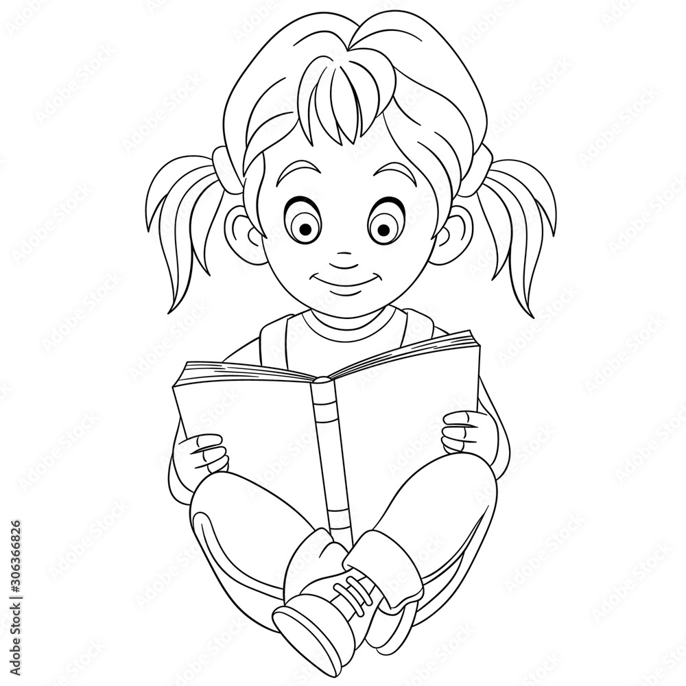 coloring page with girl reading a book Stock Vector | Adobe Stock