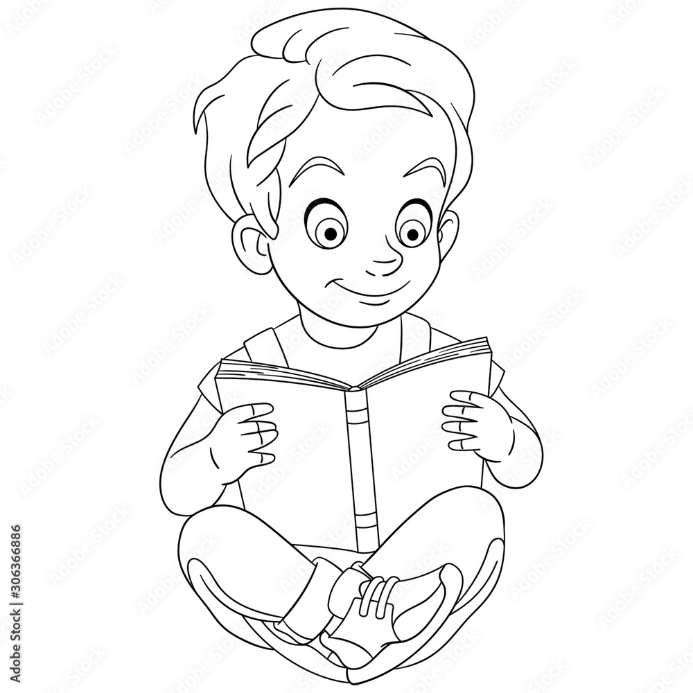coloring page with boy reading a book Stock Vector | Adobe Stock