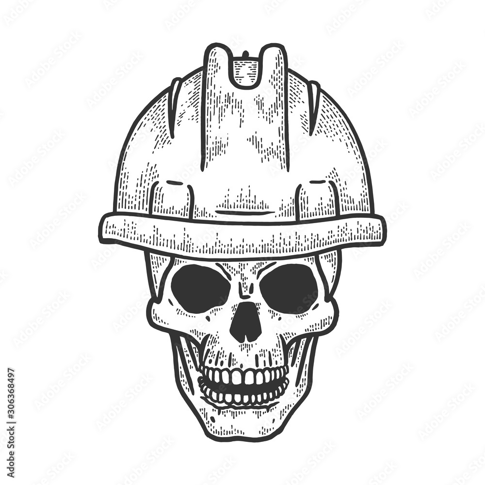 Skull in work construction building helmet sketch engraving vector ...