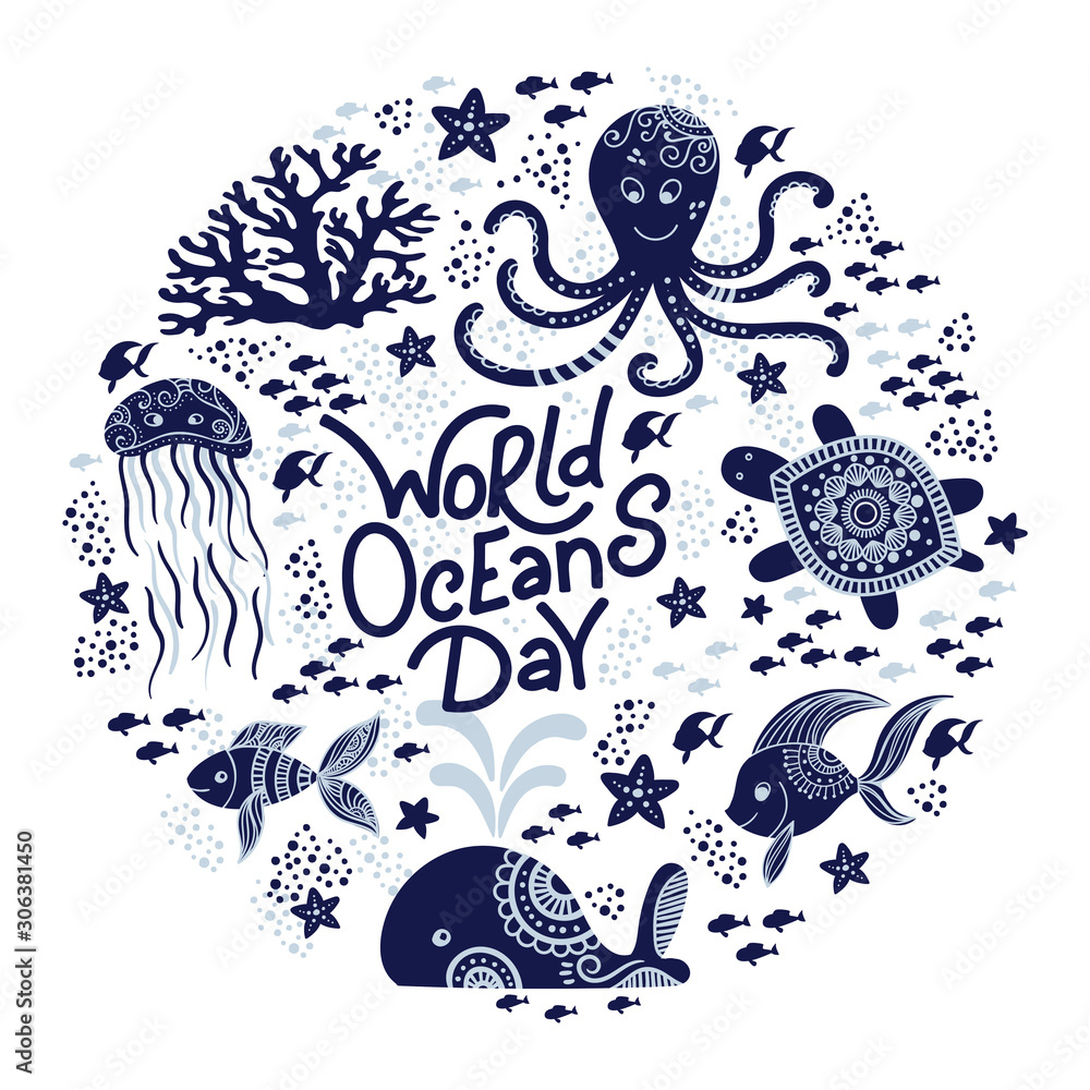 World oceans day. Sea animals. Cute jellyfish, whale, octopus, starfish ...