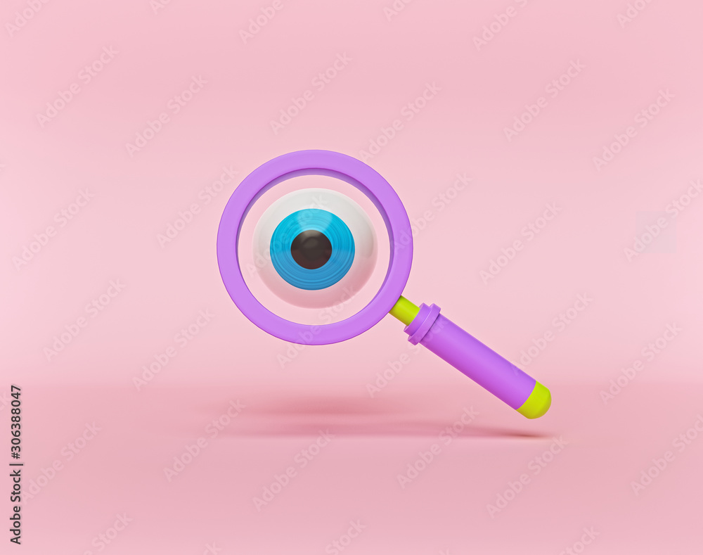 cartoon style eye and magnifying glass isolated on pink background. 3d ...