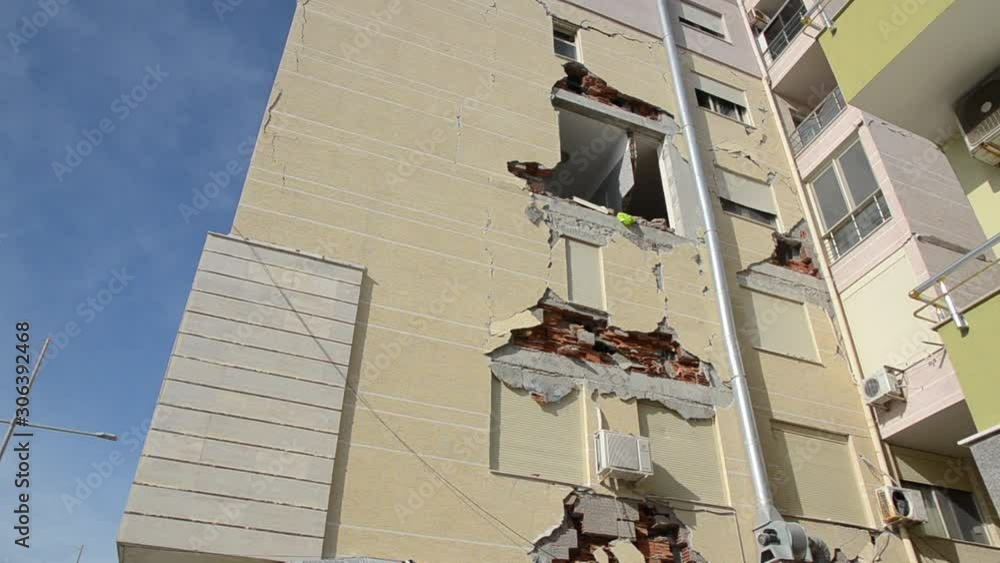 Collapsed and destroyed building ruins after earthquake, closeup ...