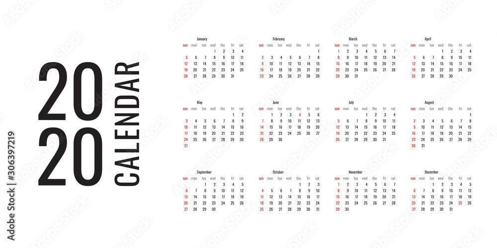 2020 calendar grid template. black numbers and letters on white ...