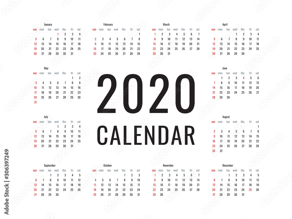 2020 calendar grid template. black numbers and letters on white ...