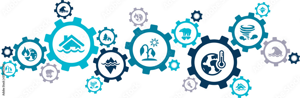 Climate change / global warming icon concept - drought, sea level rise ...