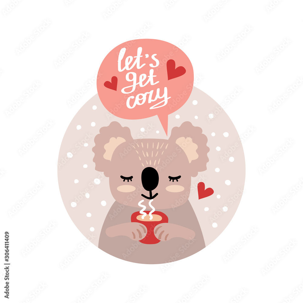 Vector illustration of a happy koala with a cup of tea and inscription ...
