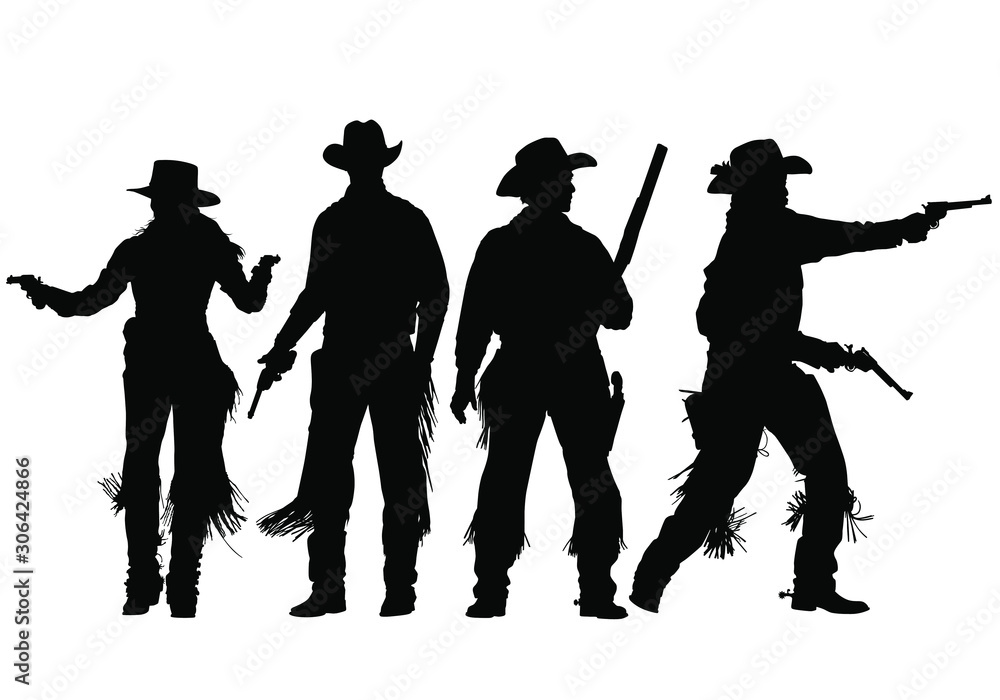 Vector silhouettes of wild-west gunslingers, outlaws, lawmen and ...