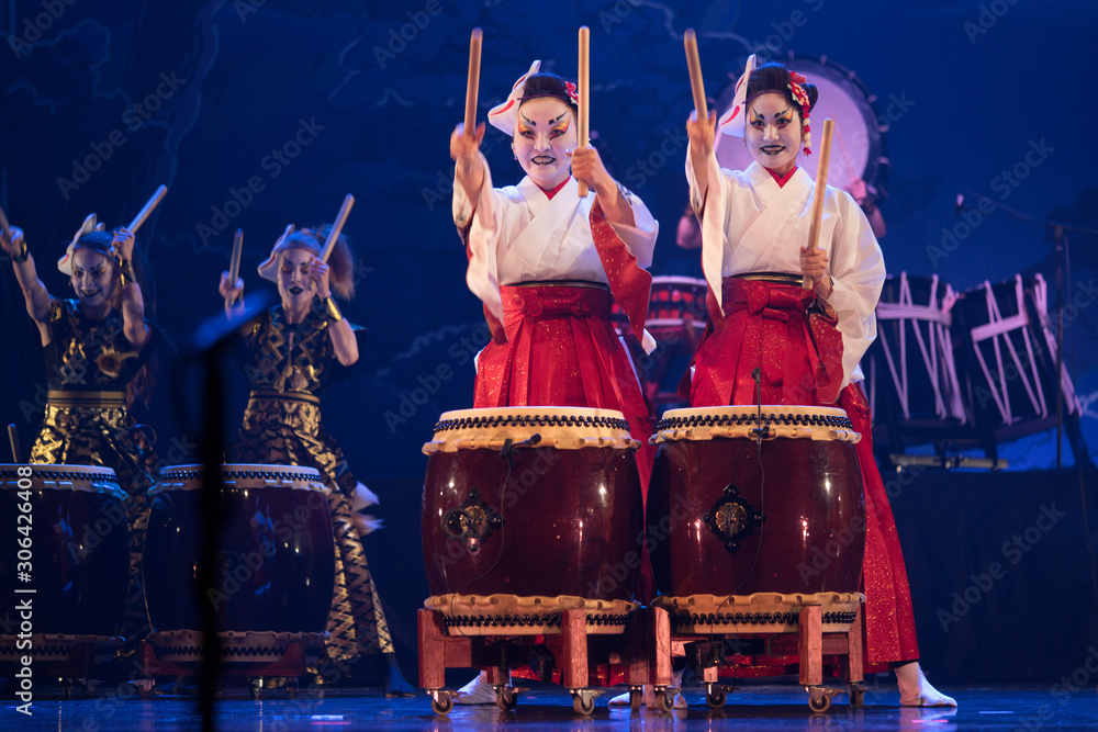 Traditional Japanese performance. Group of actresses in traditional ...