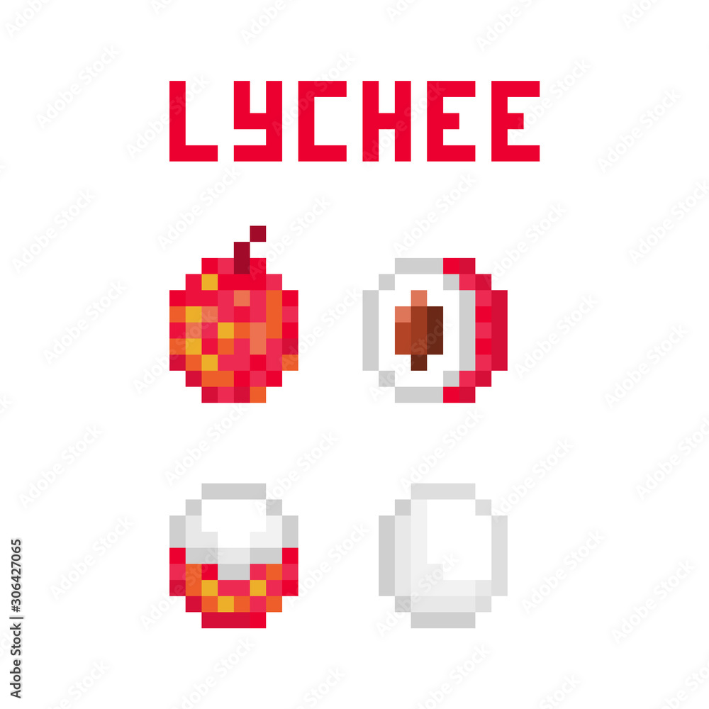 Set of 4 pixel art lychee (uncut, cut in half, peeled) icons isolated ...