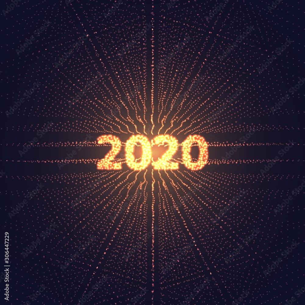 2020 new year digital perspective grid with glowing stars. Futuristic ...