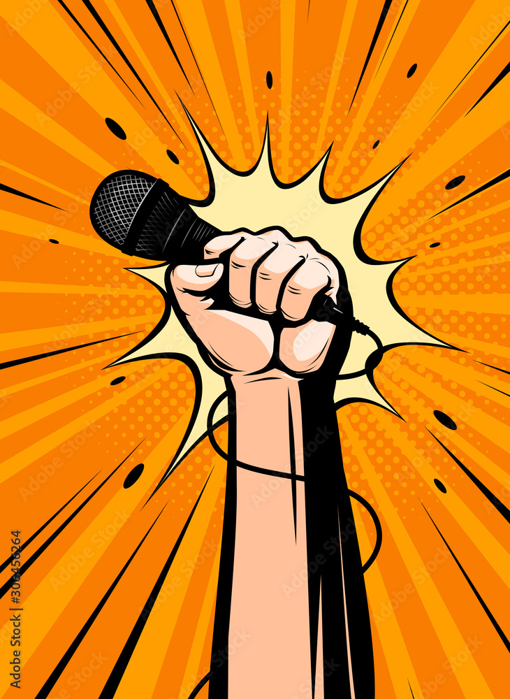 Microphone in hand drawn in pop art retro comic style. Cartoon vector ...