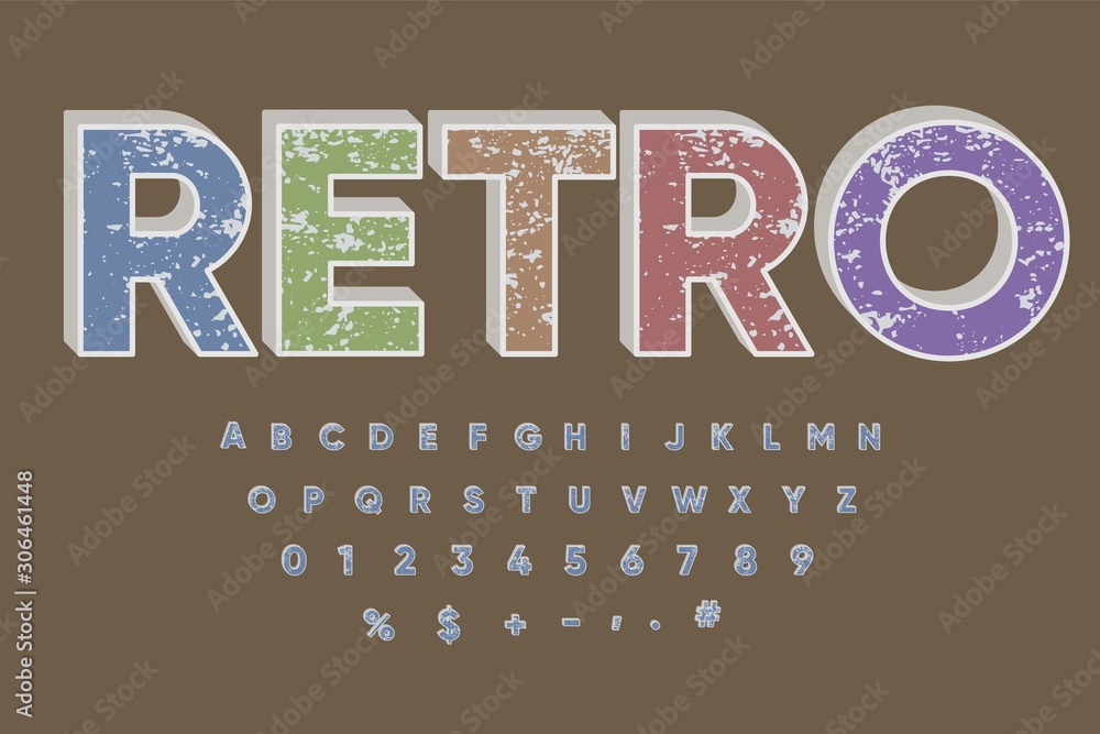 Retro Font 90's, 80's with colorful layers and VHS effect. Vector abc ...