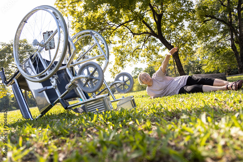 Asian senior people falling down from her wheelchair,disabled woman ...