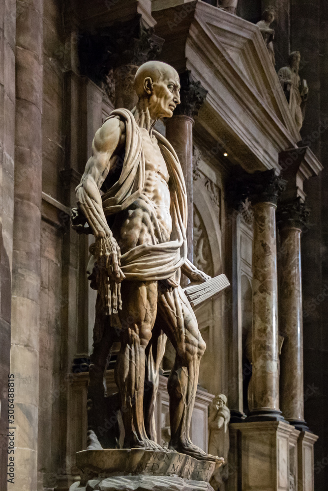 Milan, Italy - March 8, 2019: Statue of St. Bartholomew Flayed was one ...