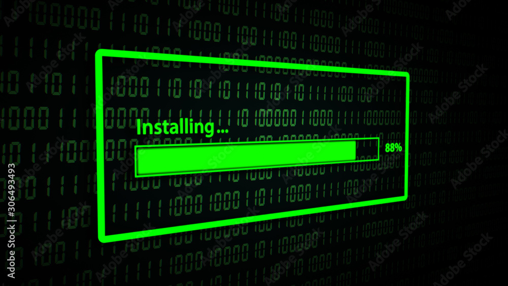 Installing With Progress Bar, Closeup Process of Installing Program on Abstract Binary Code ...