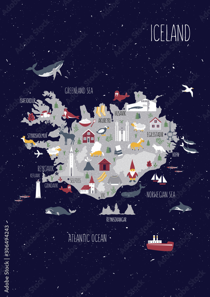 Cartoon map of Iceland, Nordic country geographic wallpaper, Icelandic ...