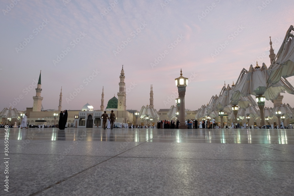 Muslim pilgrims visiting the beautiful Nabawi Mosque, The view of the ...