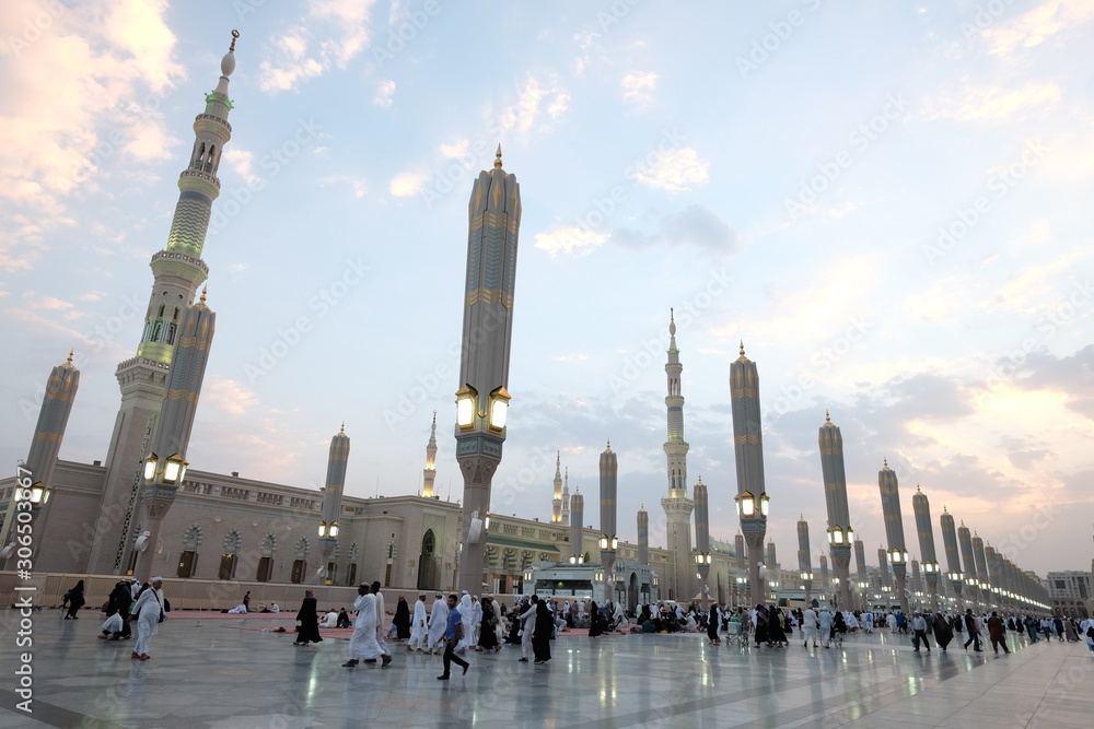 Muslim pilgrims visiting the beautiful Nabawi Mosque, The view of the ...