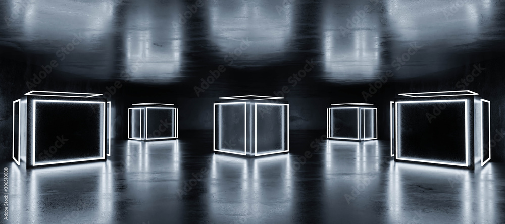 Underground concrete basement with modern abstract blue lighting forms ...