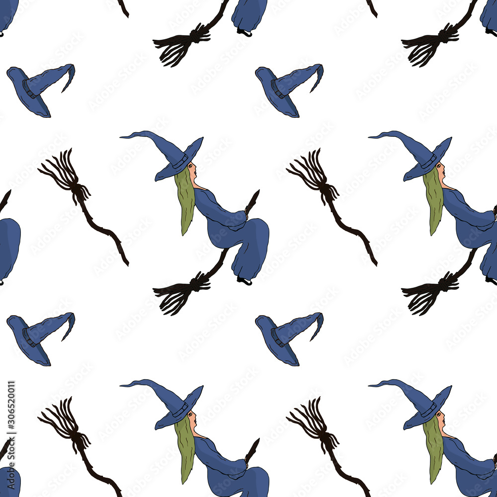 Pattern for Halloween. Witches flying on broomsticks, witche`s hats and ...