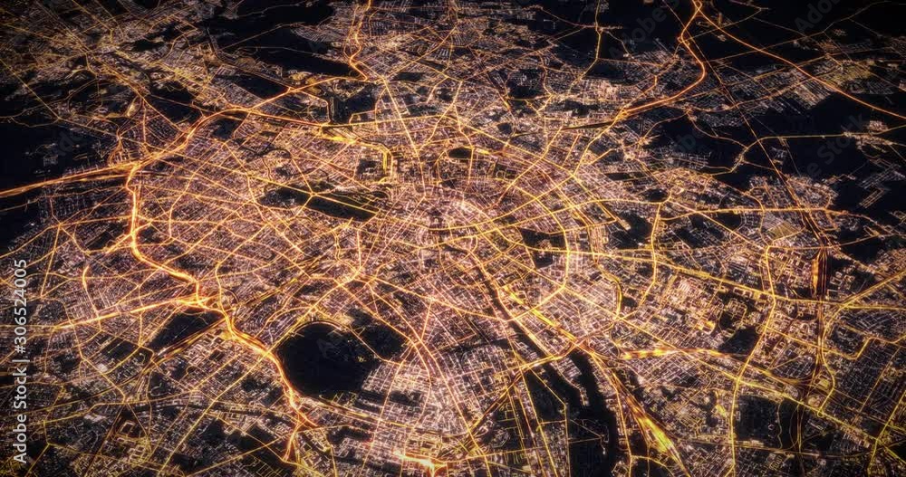 Aerial night view of city of Berlin, Germany. Traffic and street light ...