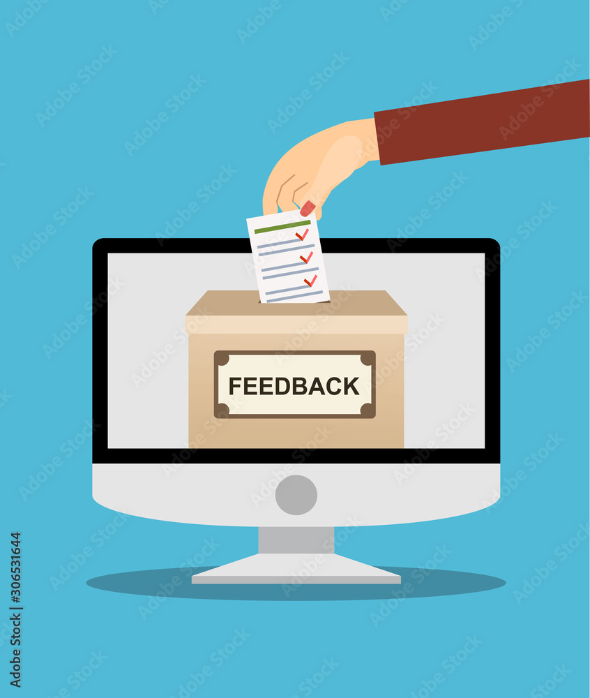 Woman hand putting feedback form paper in the feedback box. voteon a ...