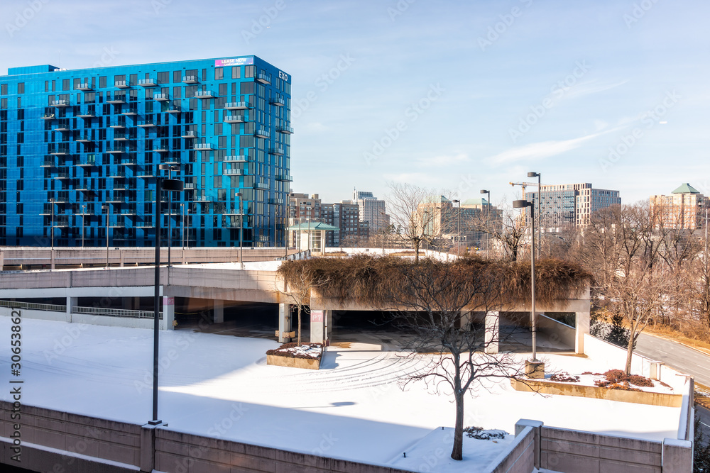 Reston, USA - February 2, 2019: Cityscape of town center office ...