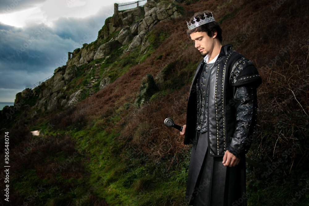 Handsome king with sword stands in contemplation with hill and parts of ...