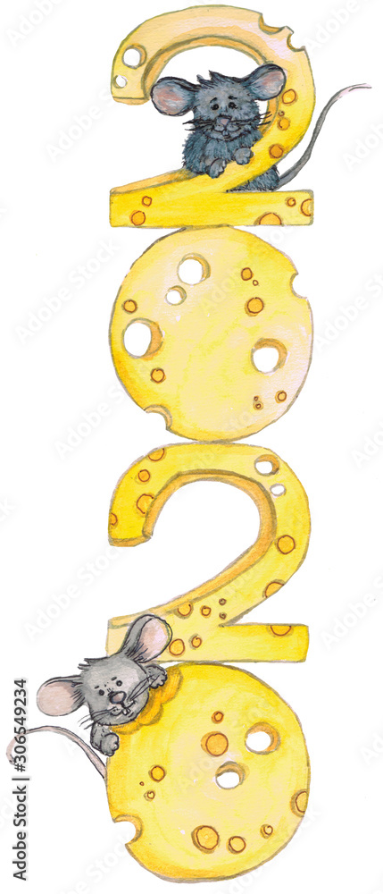 Watercolor hand draw illustration with little cute mouse. The symbol of ...