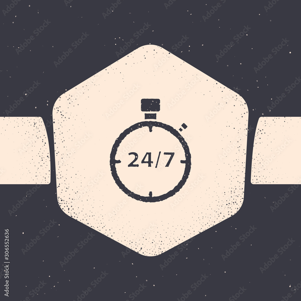 Grunge Stopwatch 24 hours icon isolated on grey background. All day ...
