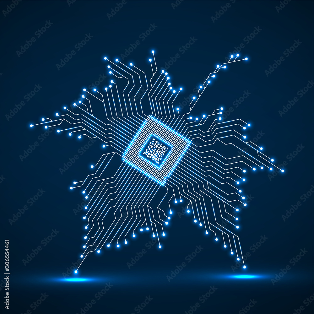 Abstract neon maple leaf with microprocessor inside. Vector ... Abstract neon maple leaf with microprocessor inside. Vector ...