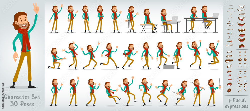 Cartoon flat cute funny hipster boy character in red winter scarf with ...