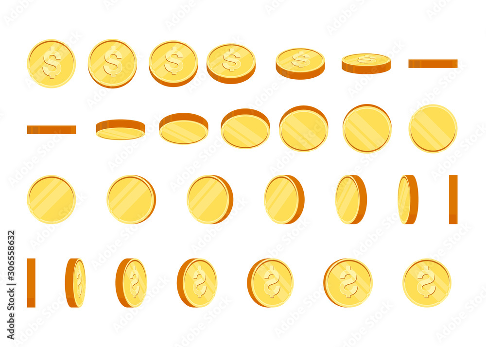 Coins set of vector sprites for rotation in different projections ...