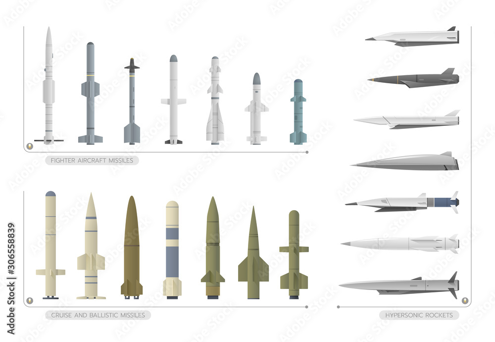 The vector illustration of the set of different types of missiles is on ...