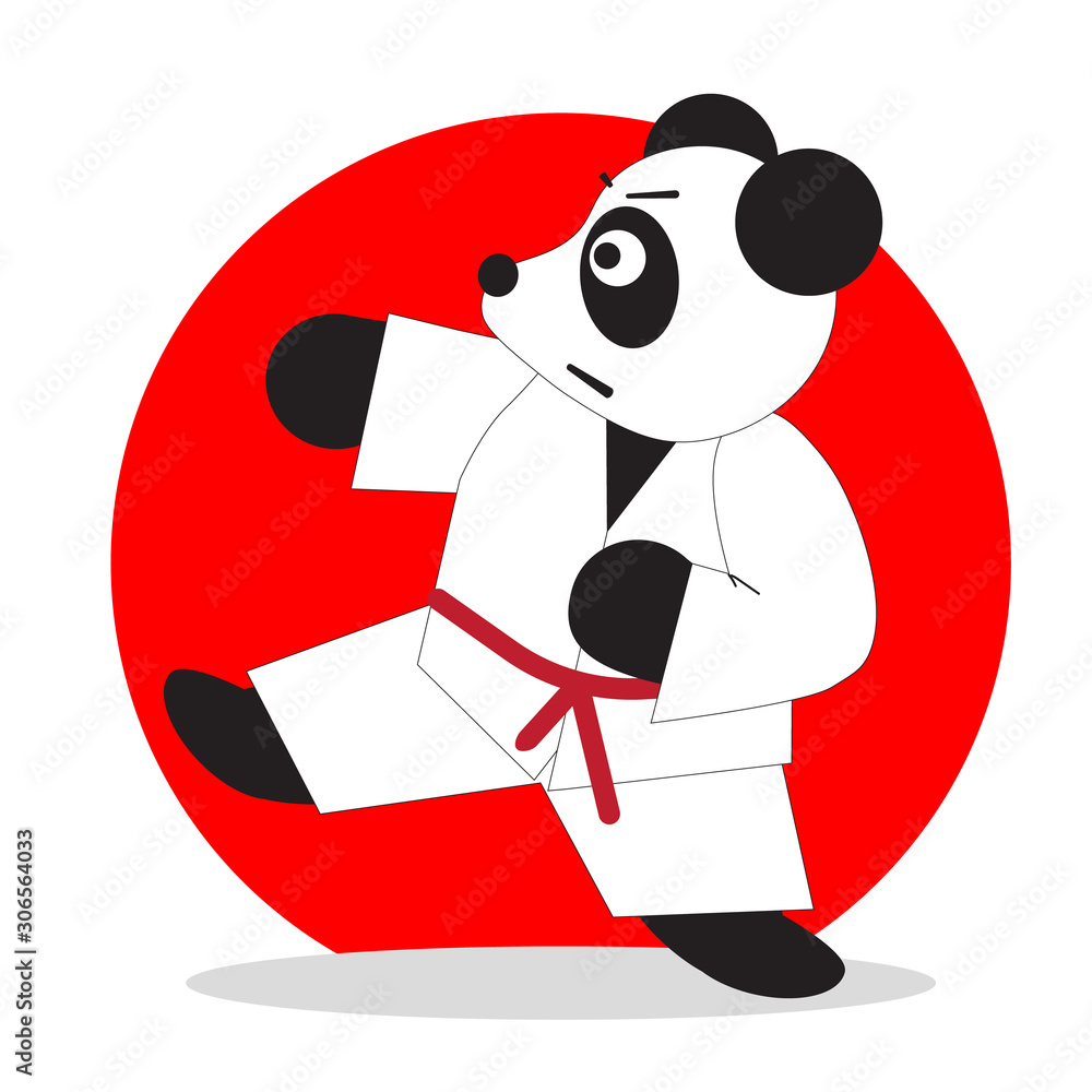 Panda does a karate kick on a red background. Panda bear in a karateka ...