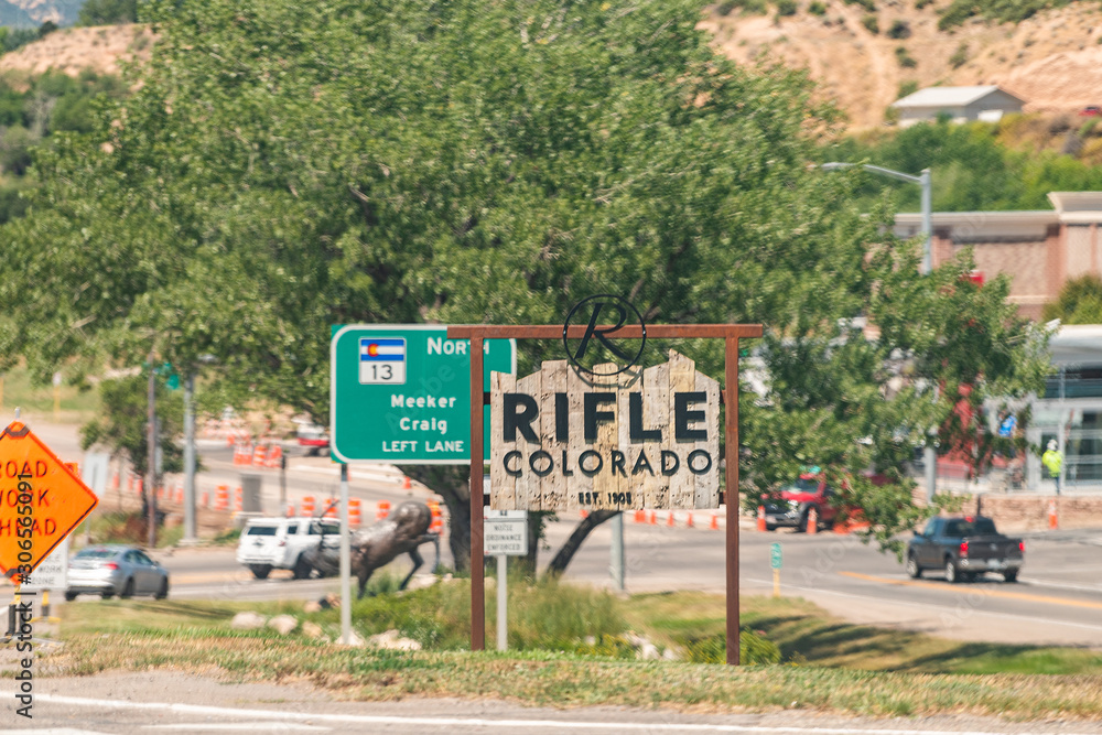 Rifle, USA - July 22, 2019: Welcome sign for historic city during ...