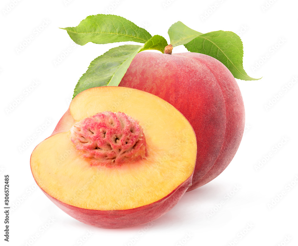 Isolated peach fruits. One whole pink peach and one half isolated on ...
