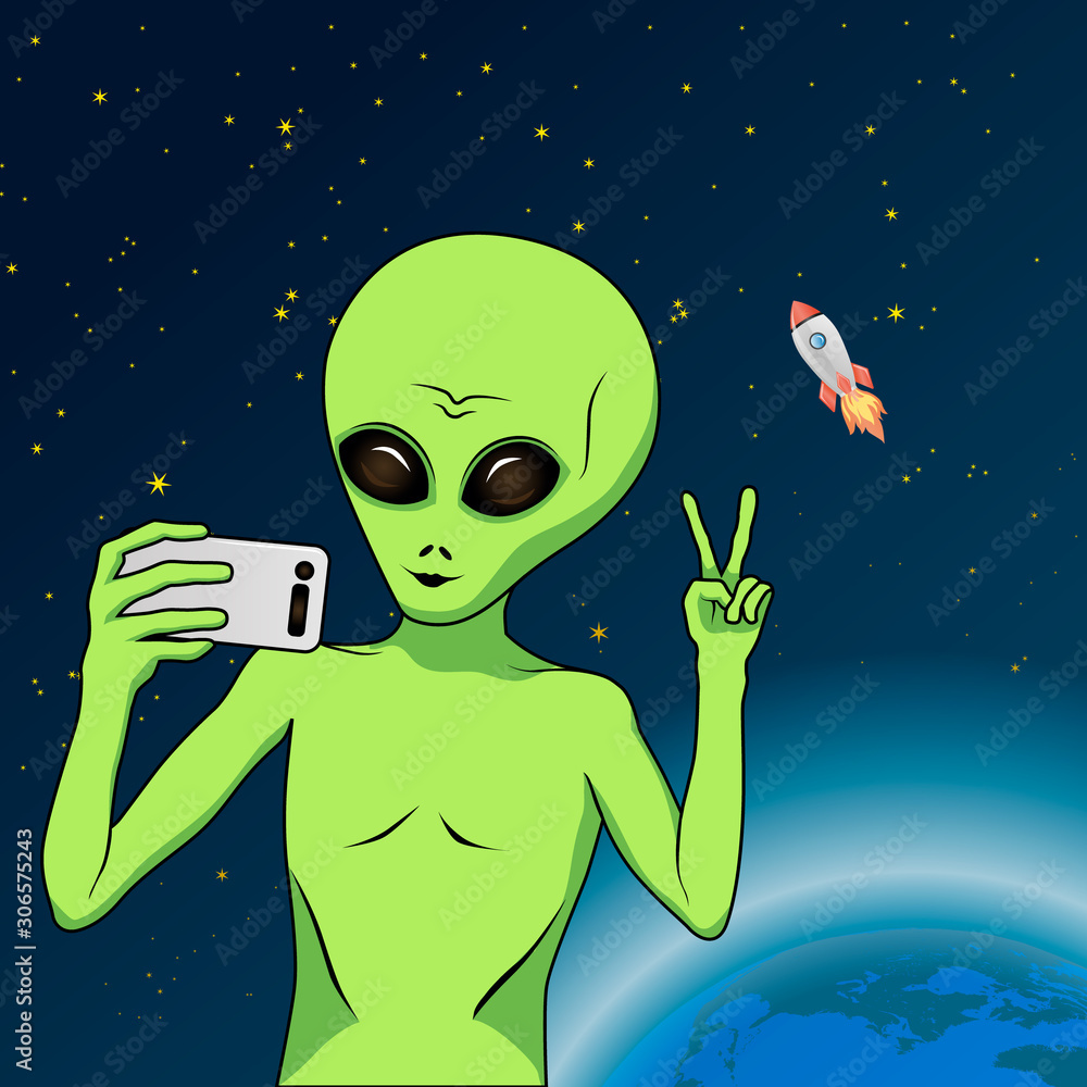 Modern alien make selfie in space with flying rocket. Cartoon character ...