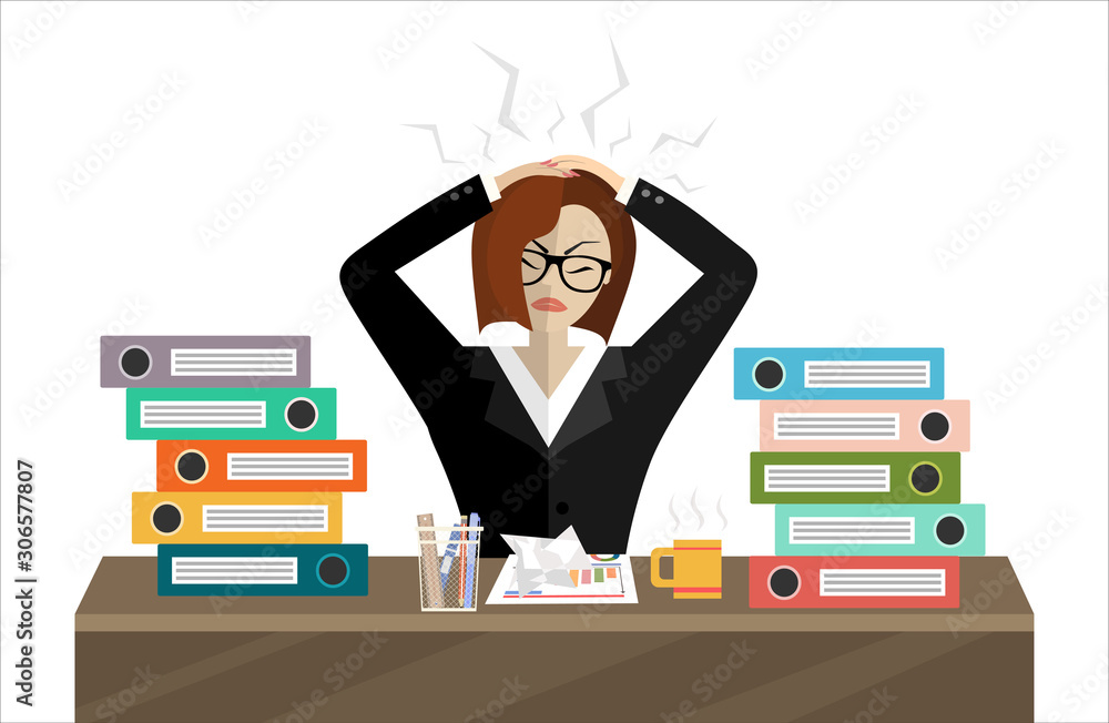 Stress at work concept flat illustration. Stressed out women in suit ...