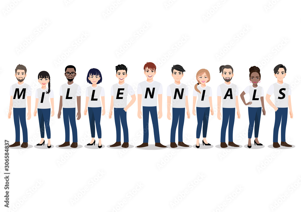 Cartoon character with Millennial generation people group. Young men ...