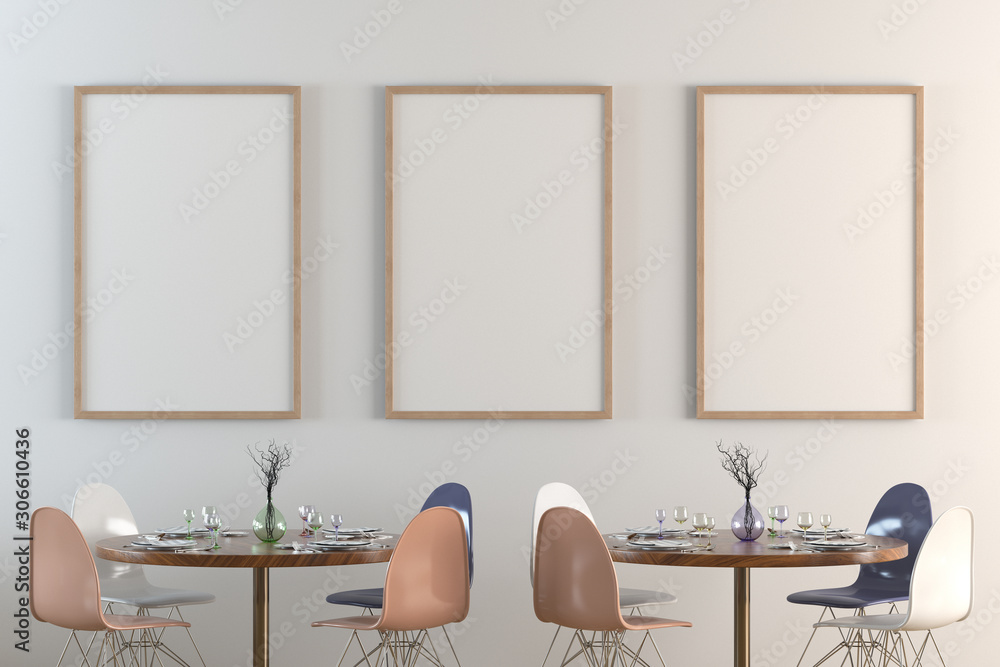 Cafe or restaurant intrerior with blank three vertical posters on the ...