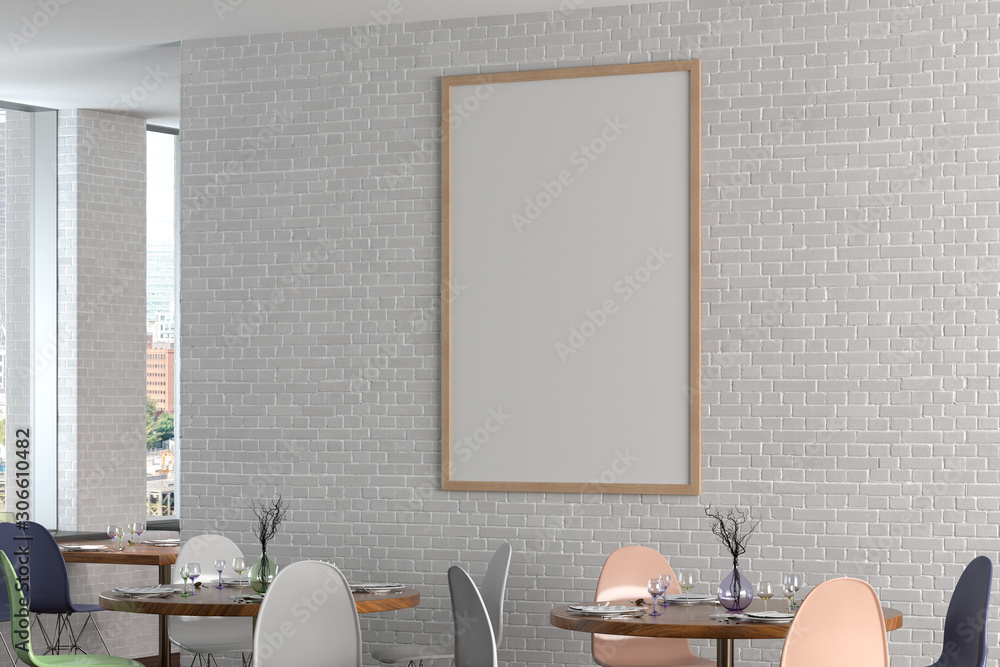 Cafe or restaurant intrerior with blank vertical poster on the white ...