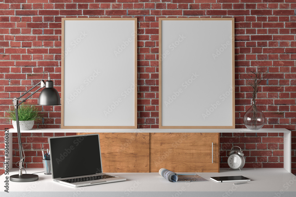 Workspace with two vertical posters mock up on the desk. Desk with ...