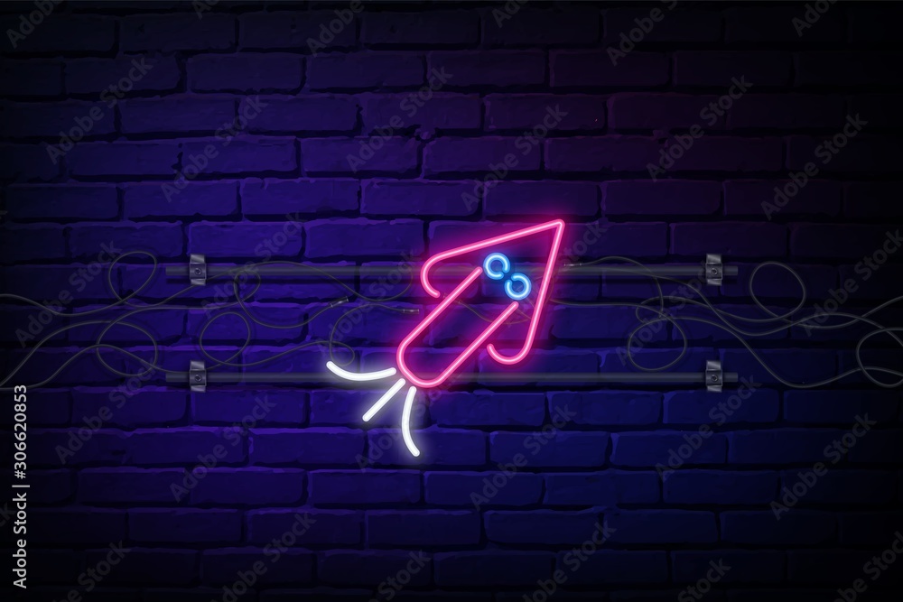 Pink squid neon logo icon vector illustration. Emblem, neon signboard ...